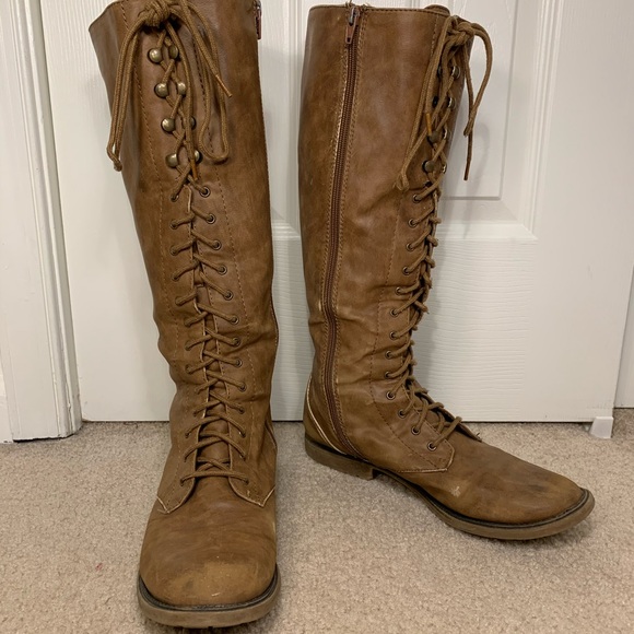 Target | Shoes | Kneehigh Zipper And Lace Up Tan Leather Boots | Poshmark
